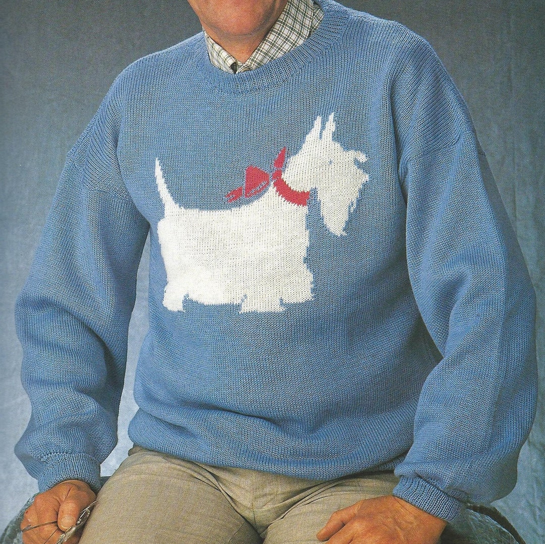 Vintage KNITTING PATTERN Knit Man Intarsia Sweater Funny Dog Men ...