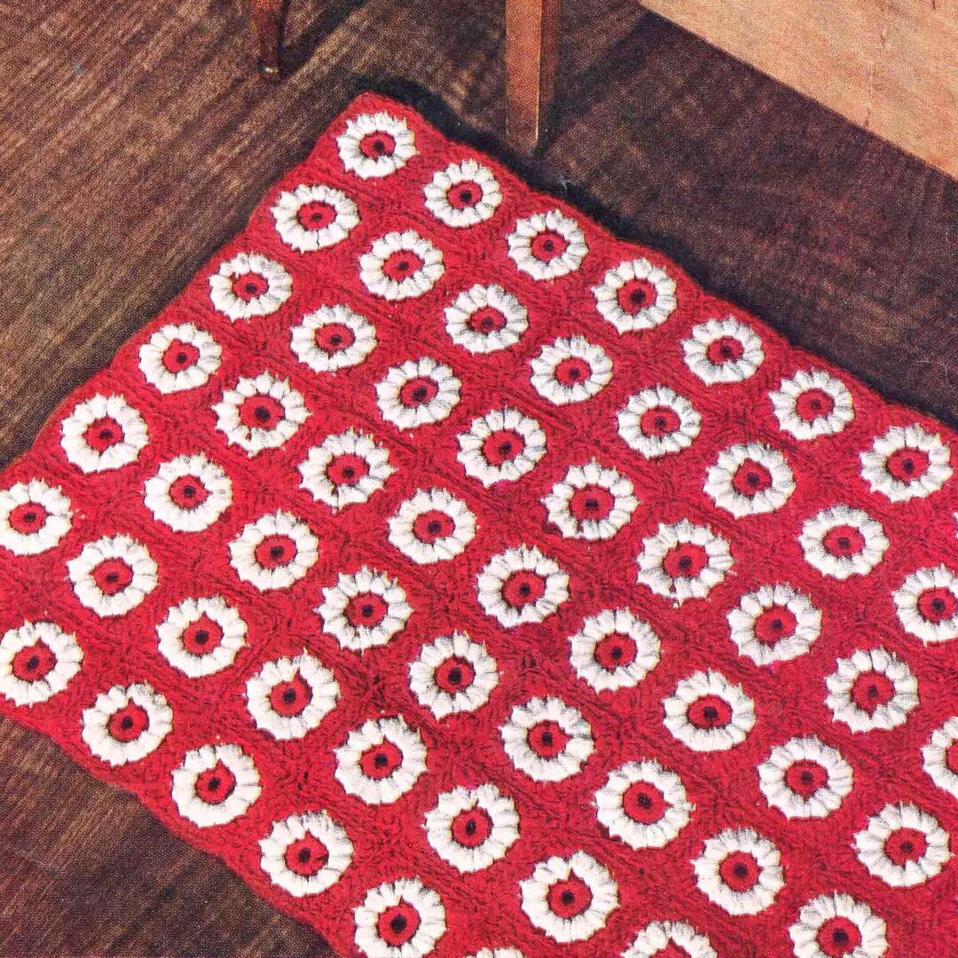 Vintage CROCHET PATTERN Daisies Rug 24x36 Inches Granny Square Flowers ...