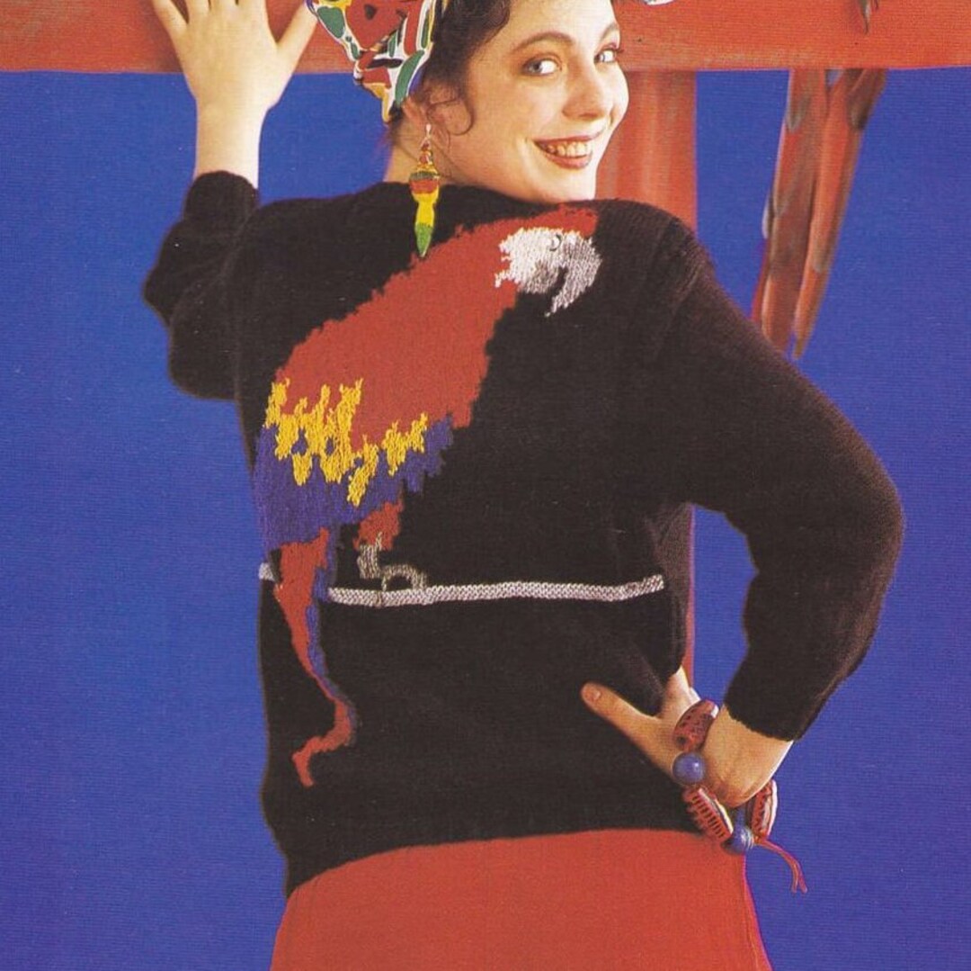 Knit Funny Sweater PDF KNITTING PATTERN 80s Intarsia Parrot Scarlet ...