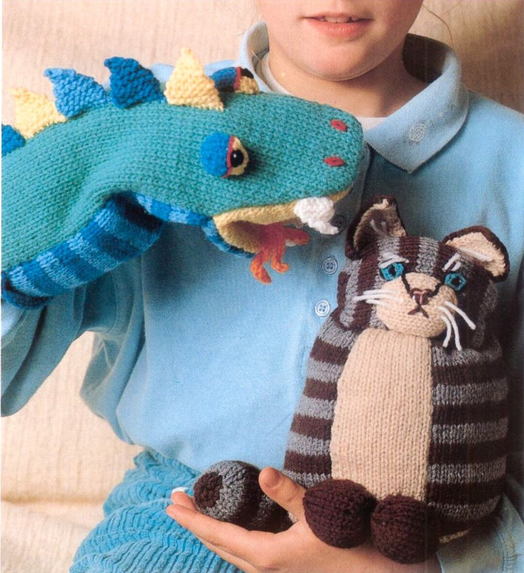 2 Easy KNITTING PATTERNS Knit Striped Cat & Dragon Hand Puppet Baby ...