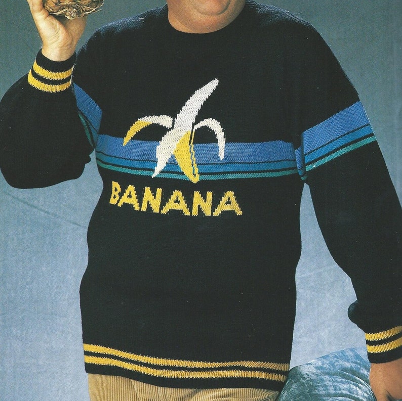 Banana Fruit Knit Sweater Vintage 80s KNITTING PATTERN Intarsia Mens ...