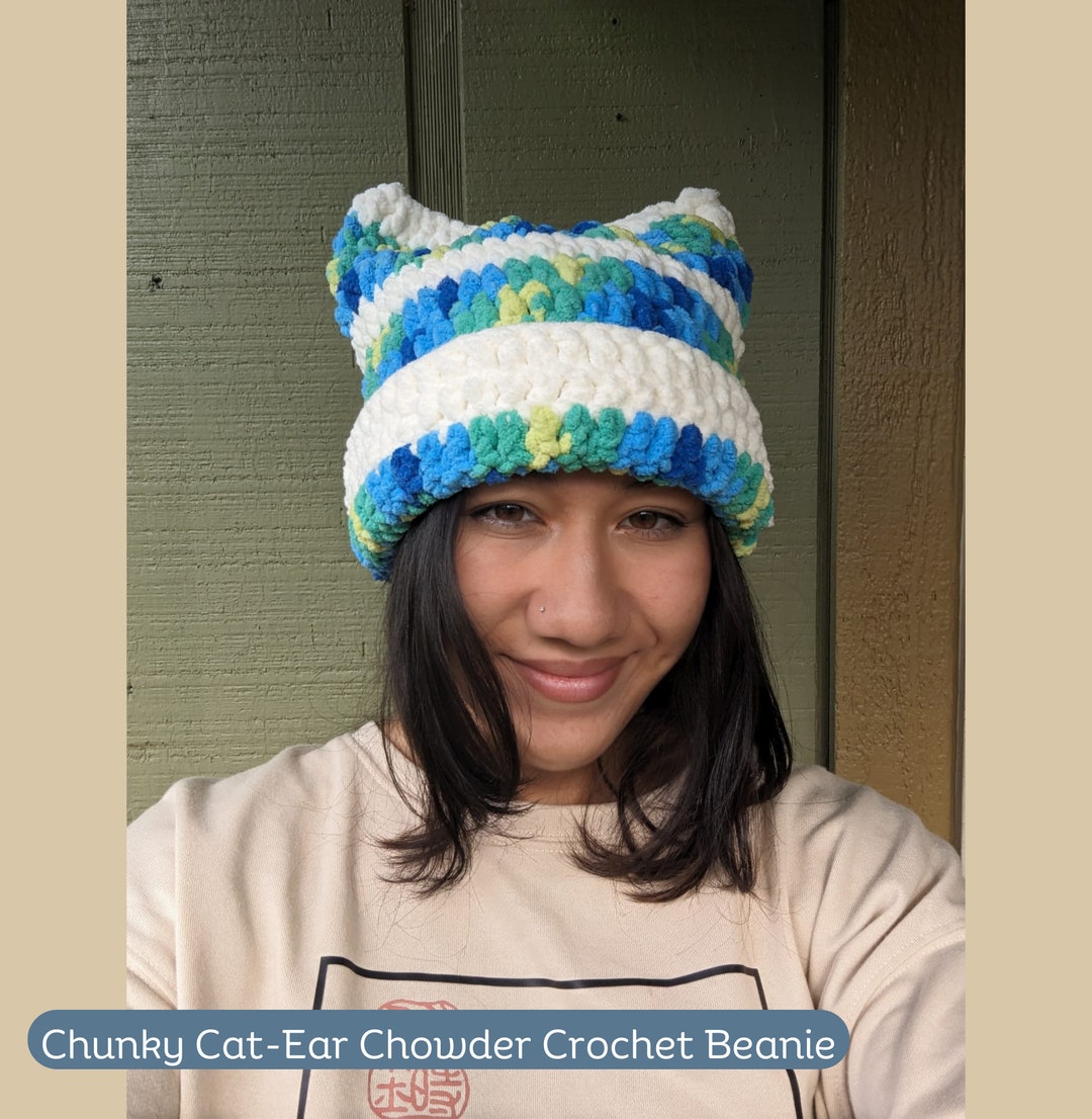 Chunky Cat-ear Chowder Crochet Beanie, Warm Crochet Hat for Winter ...