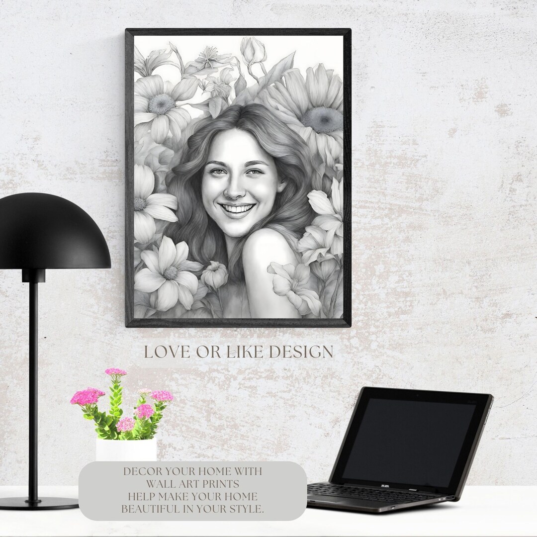 Pencil Drawing of Happy Woman and Flowers, Digital Download, Printable ...