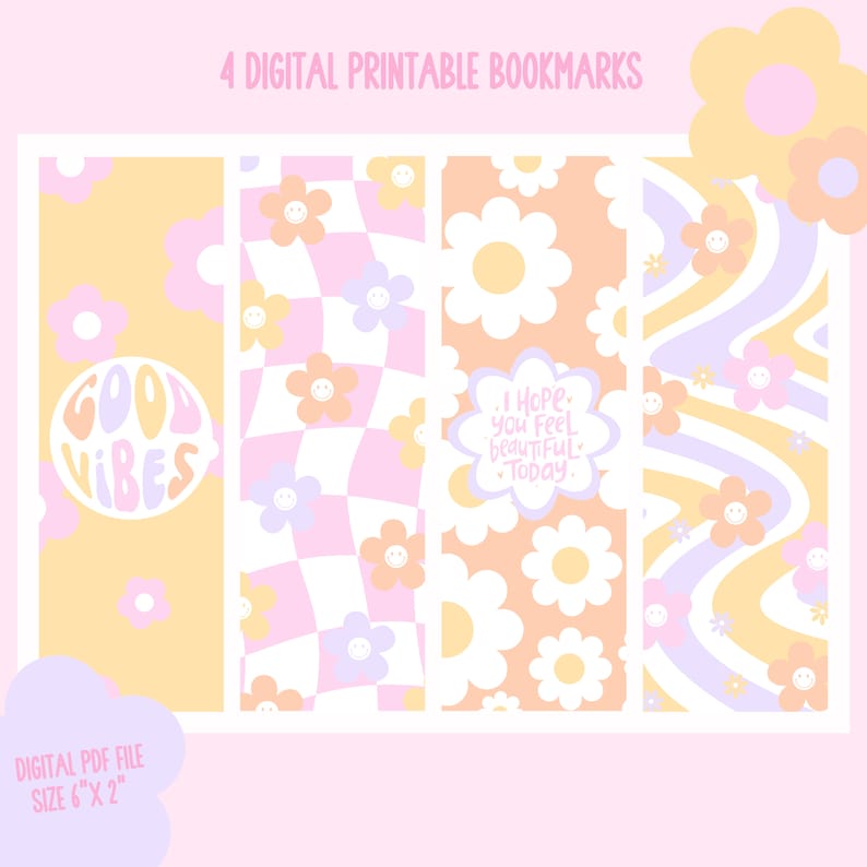 Digital Printable Bookmarks Set, Cute Retro Colorful Pastel Flowers and ...