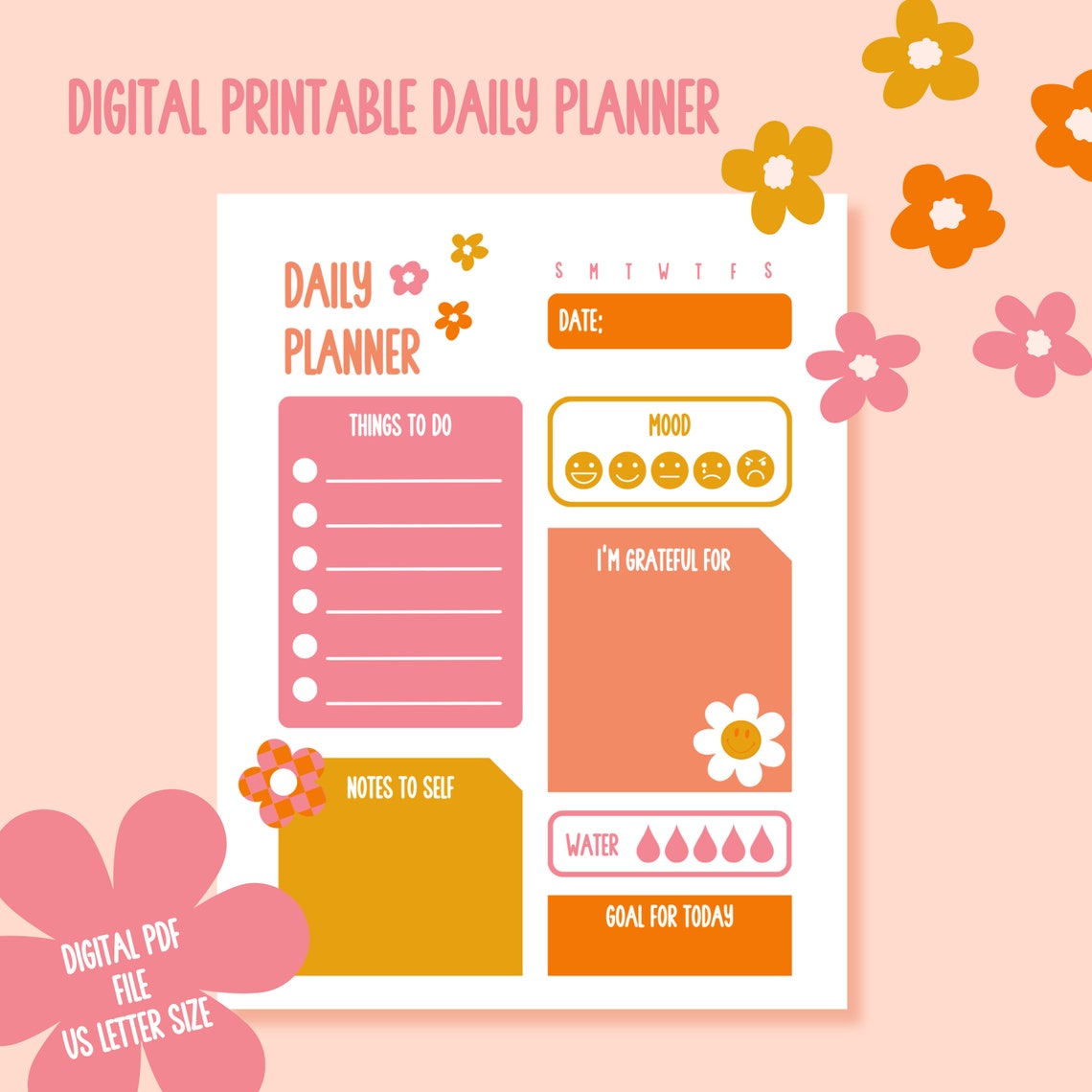 Digital Printable Daily Planner, Cute Retro Colorful Flowers and Happy ...