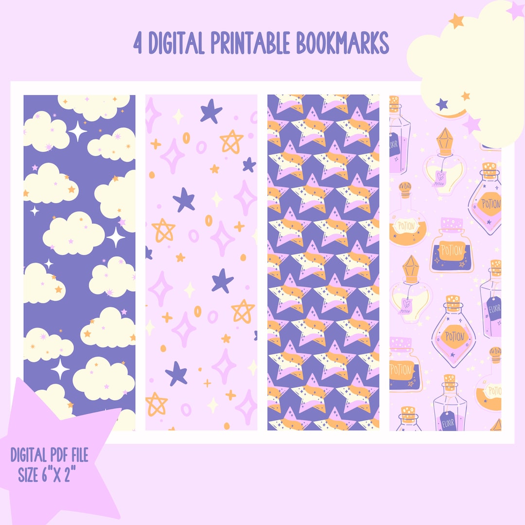 Digital Printable Bookmarks Set, Cute Retro Colorful Pastel Shiny Stars ...