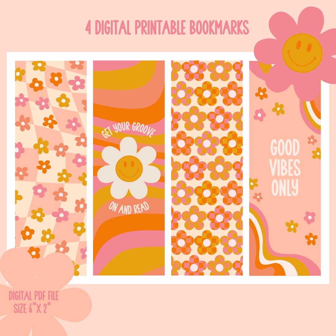 Digital Printable Bookmarks Set, Cute Retro Colorful Flower Smiley ...