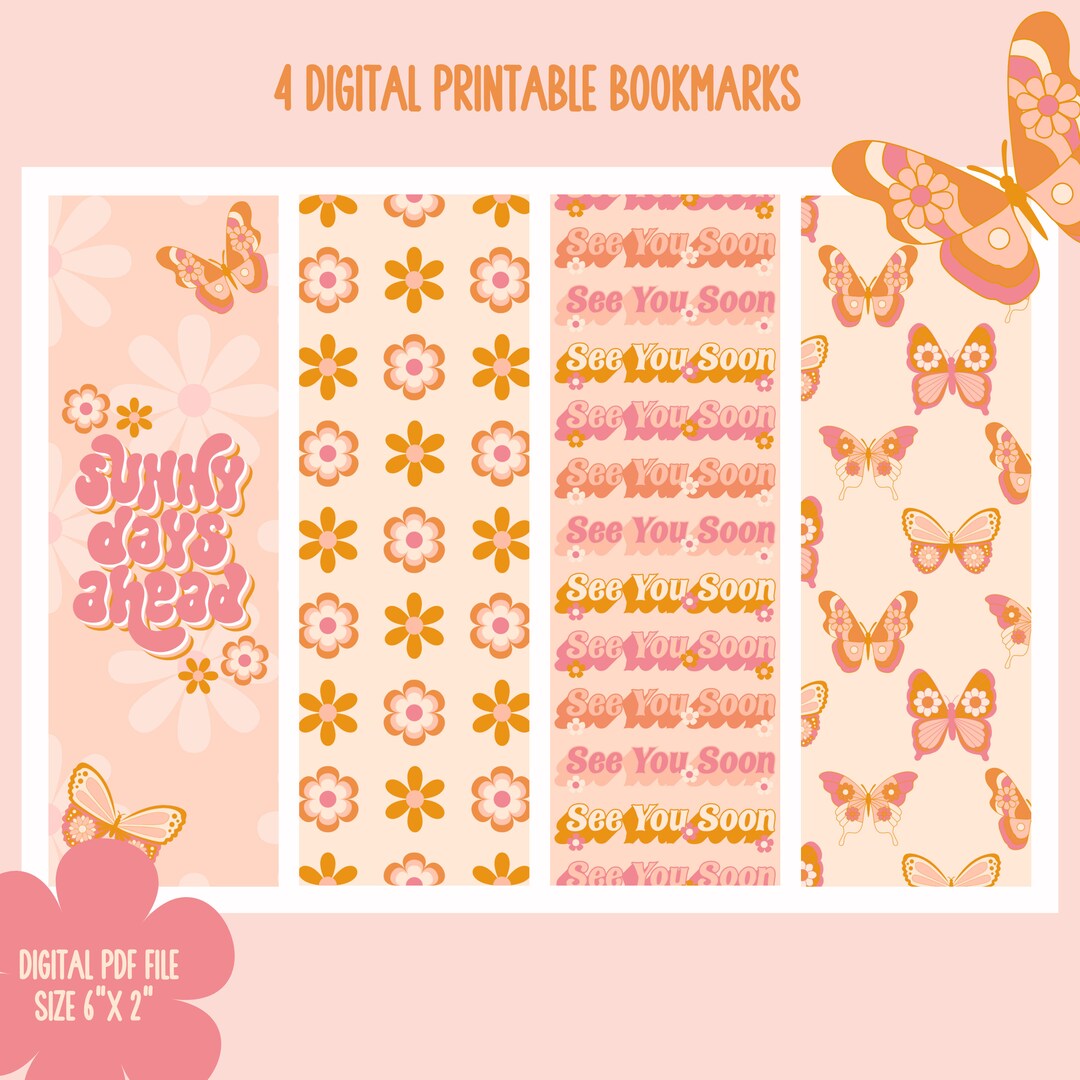 Digital Printable Bookmarks Set, Cute Retro Flower and Butterfly ...