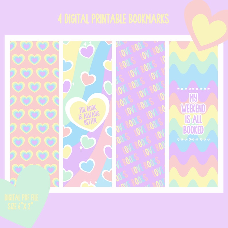Digital Printable Bookmarks Set, Cute Retro Colorful Pastel Rainbows ...