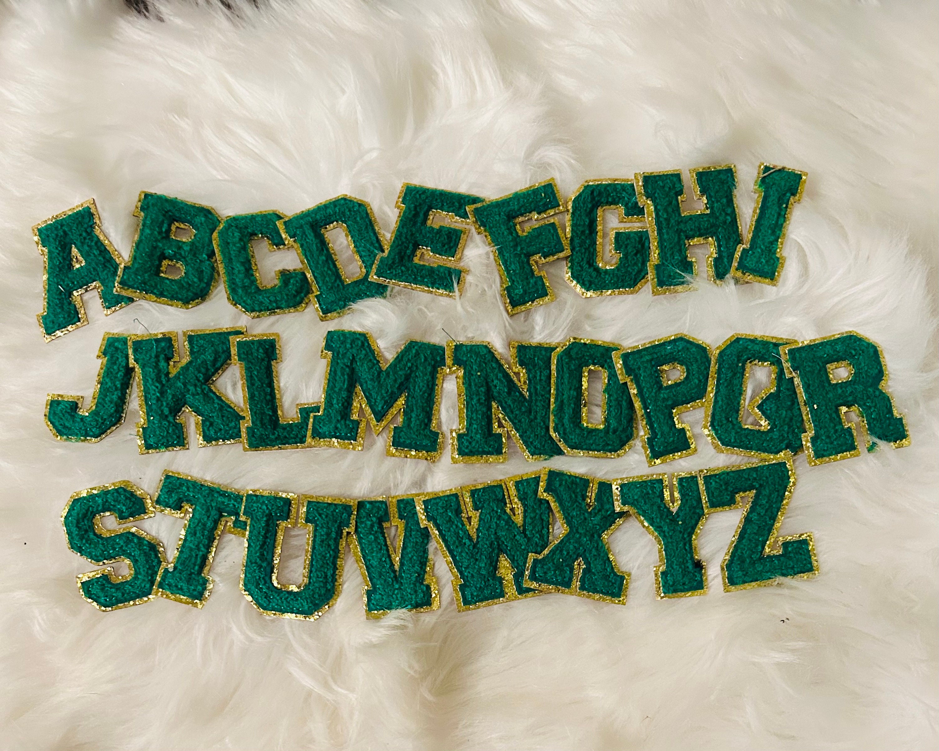 Chenille Letters - Green With Gold Trim - Self Adhesive and Iron on ...