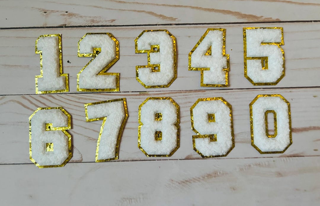 Chenille Number Patches, Number Patch - White With Gold Trim - Self ...