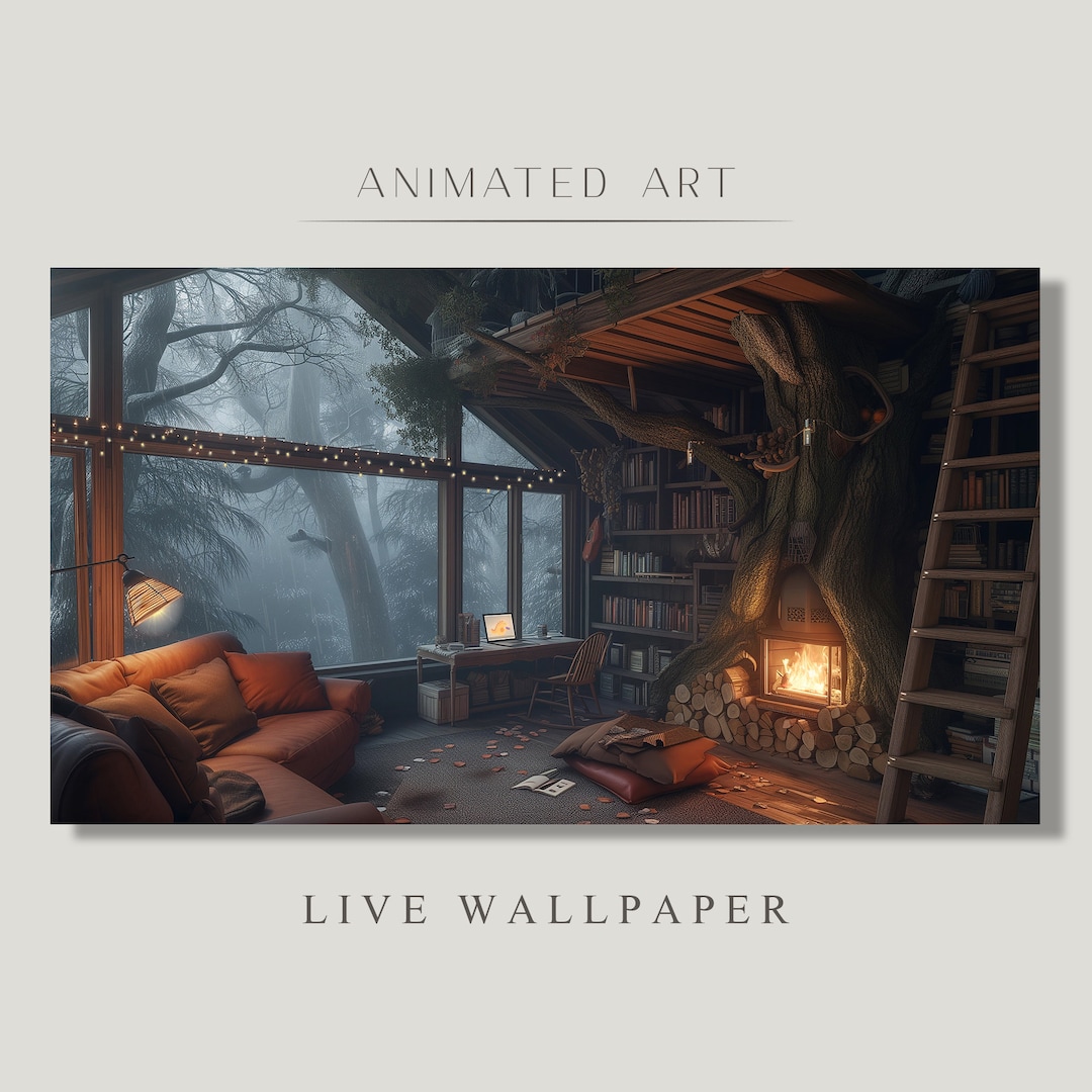 Animated Background, Tree House in the Forest, Cozy Living Room ...