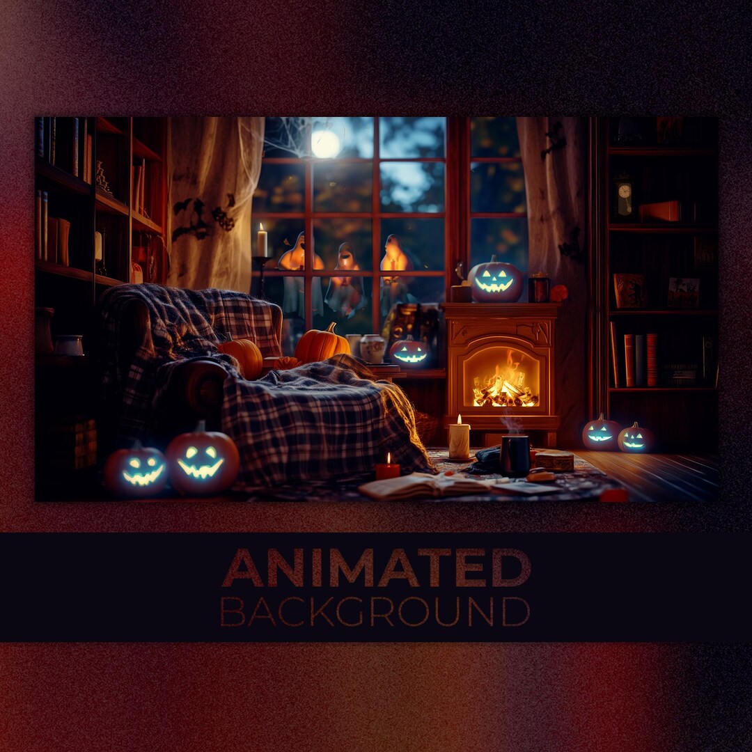 Animated Background, Cozy Halloween Night, Pumpkin Glow, Fireplace Room ...