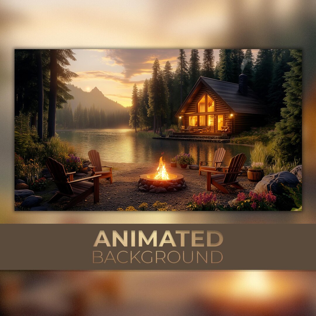 Animated Background, Lakeside Cabin, Sunset Campfire, Golden Lake ...