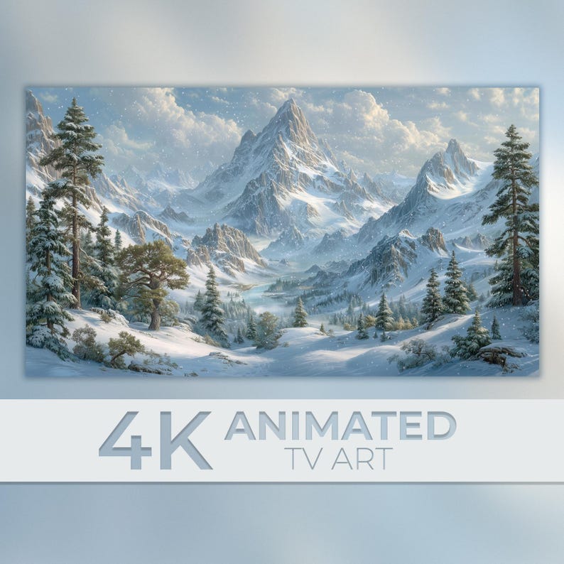 4K Animated TV Art, Snowy Mountain Landscape, Winter Fantasy Nature ...