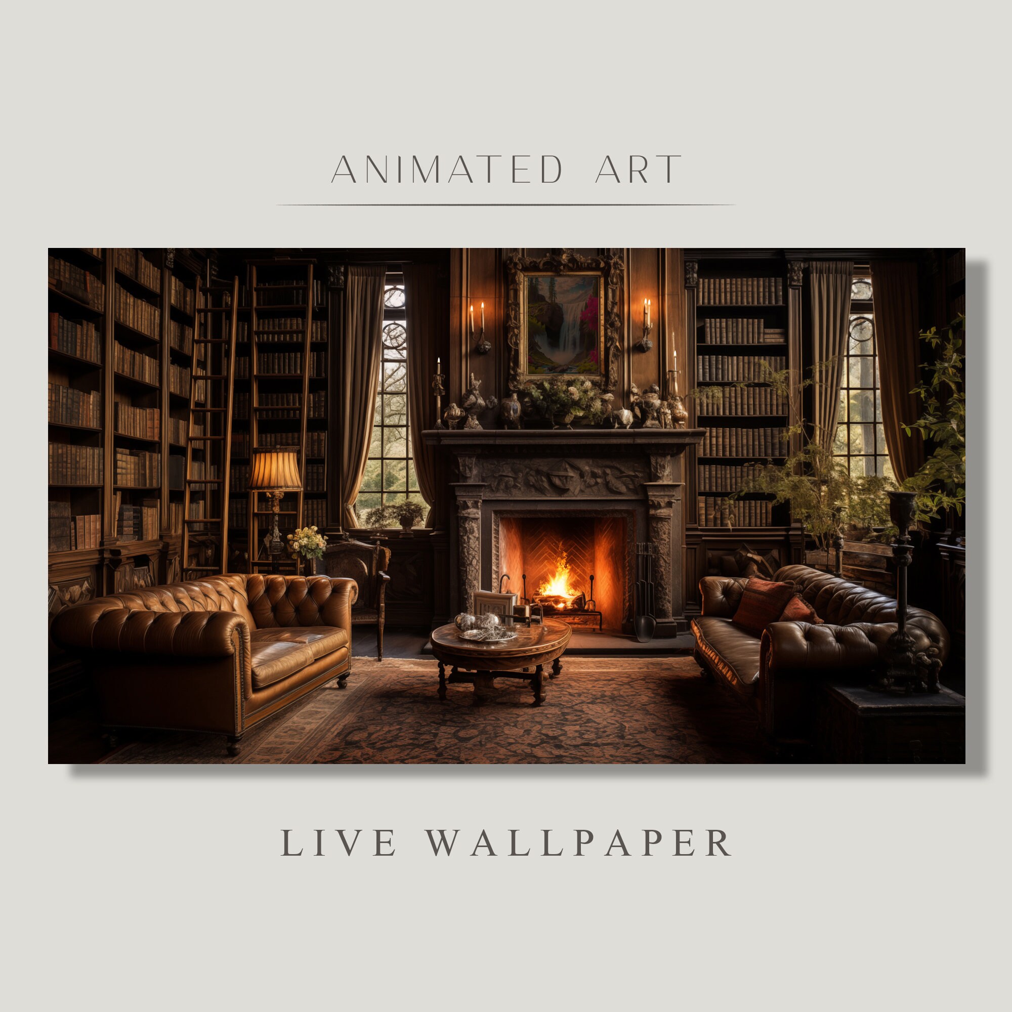 Animated Background, Antique Library With Fireplace, Classic Library ...