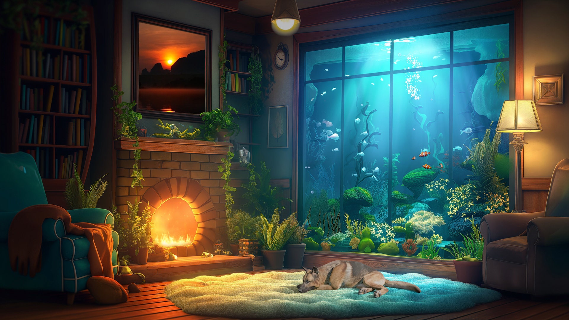 Animated Background, Cozy Evening, Warmth of Home, Dog and Fireplace ...