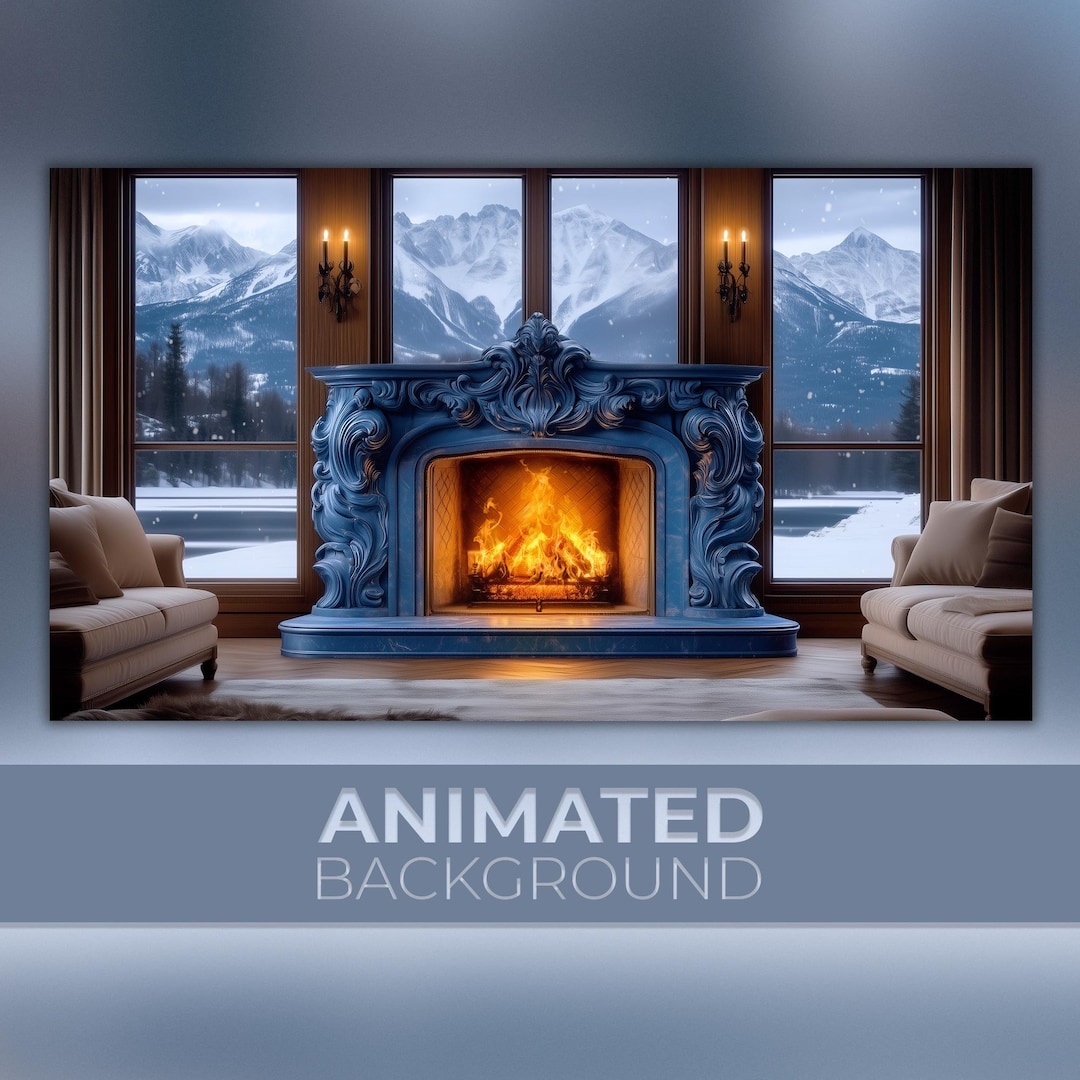Animated Background, Blue Marble Fireplace , Alpine Winter, Mountain ...