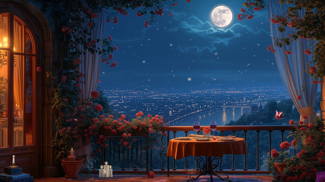 Animated Background, Romantic Balcony, Rooftop Romance, Moonlight, City ...