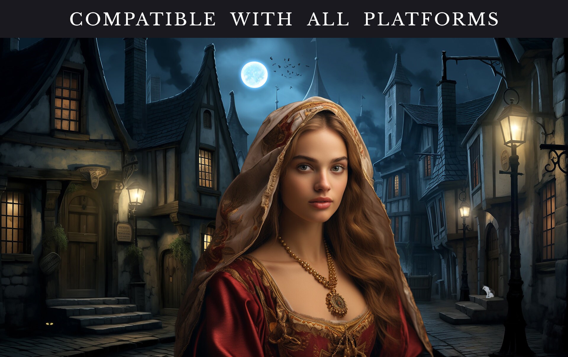 Animated Background, Midnight Medieval Village Street Torches, Night ...