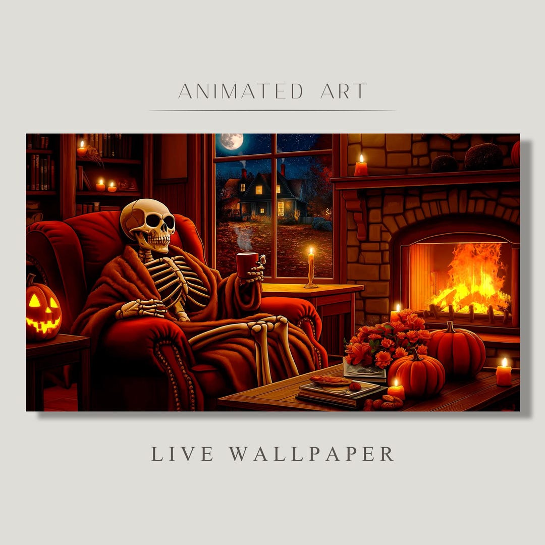 Animated Background, Autumn Skeleton Halloween, Cozy Bone, Midnight ...