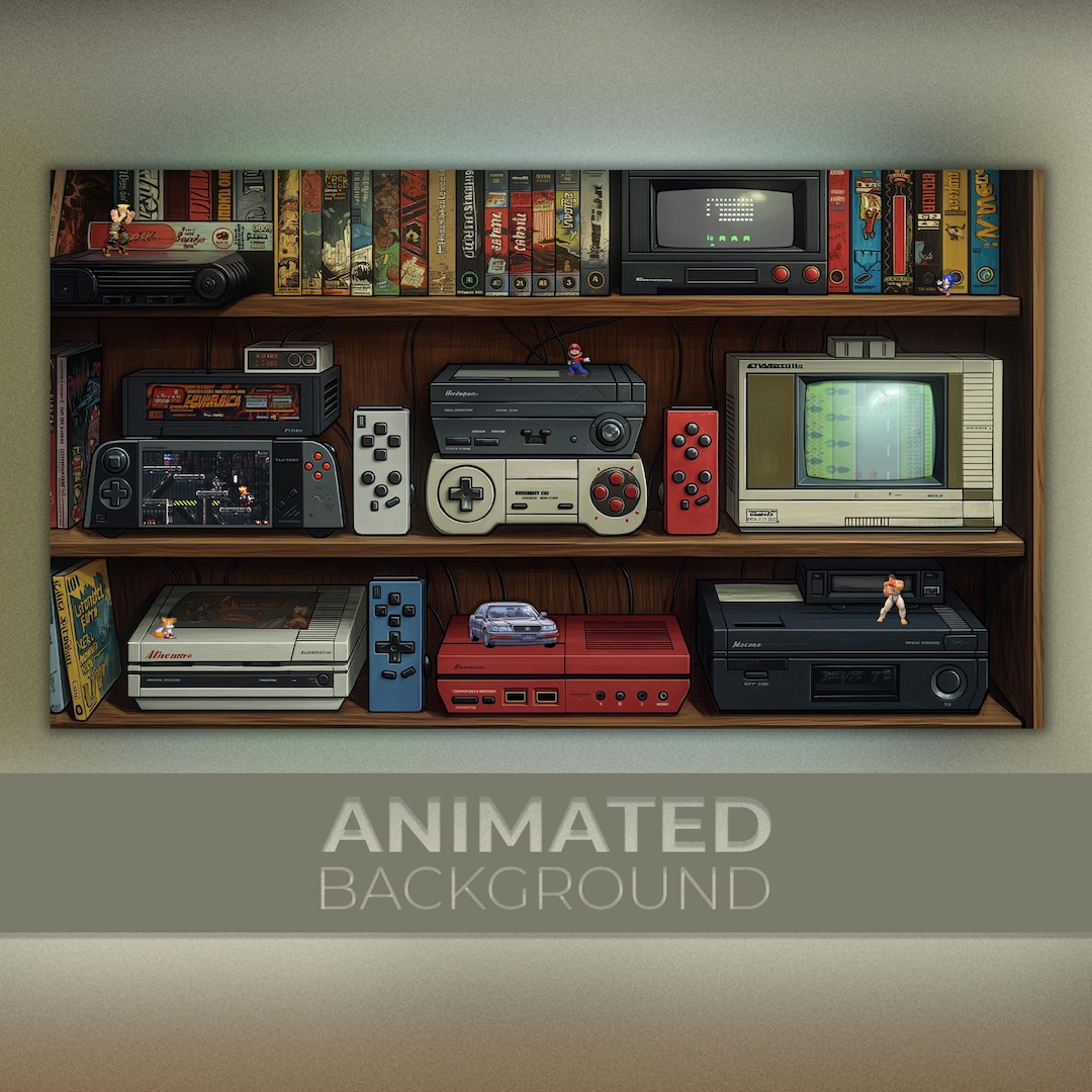 Animated Background, Retro Console Shelf, 90s Video Game Room, Old ...