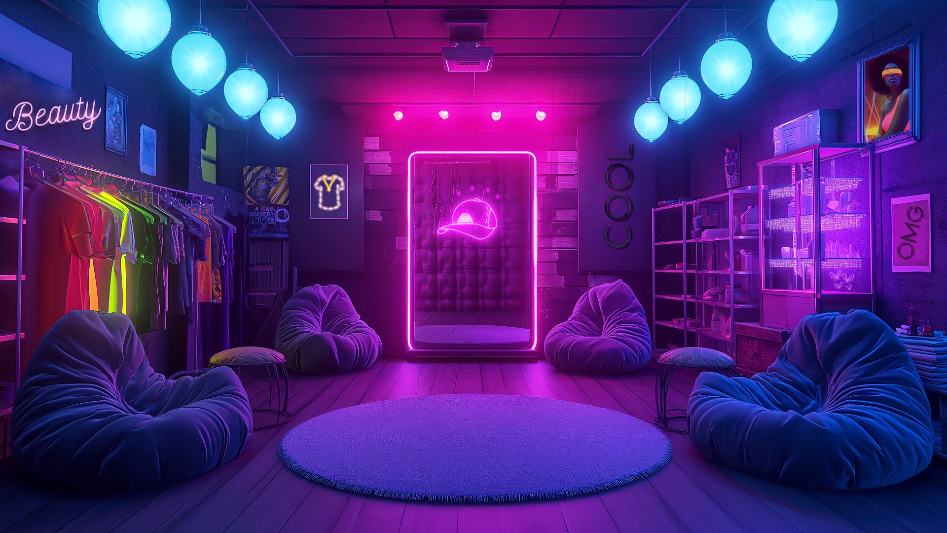Animated Background, Dressing Room, Neon Lit Fashion Store, Youth Club ...