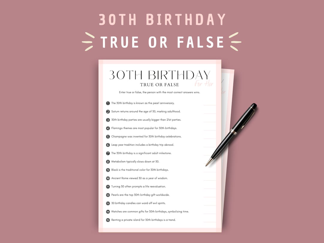 30th Birthday True or False Game | Instant Download | Trivia for Women ...