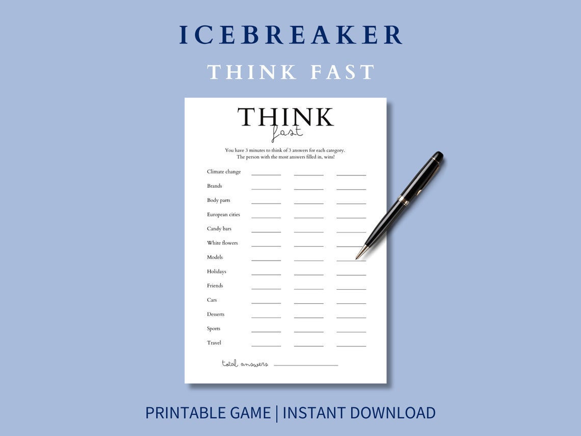 Think Fast Game | Printable Icebreaker | Quick Response Trivia | Family ...