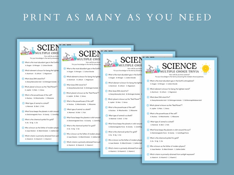 Printable Science Multiple Choice Trivia Game | Digital Download ...