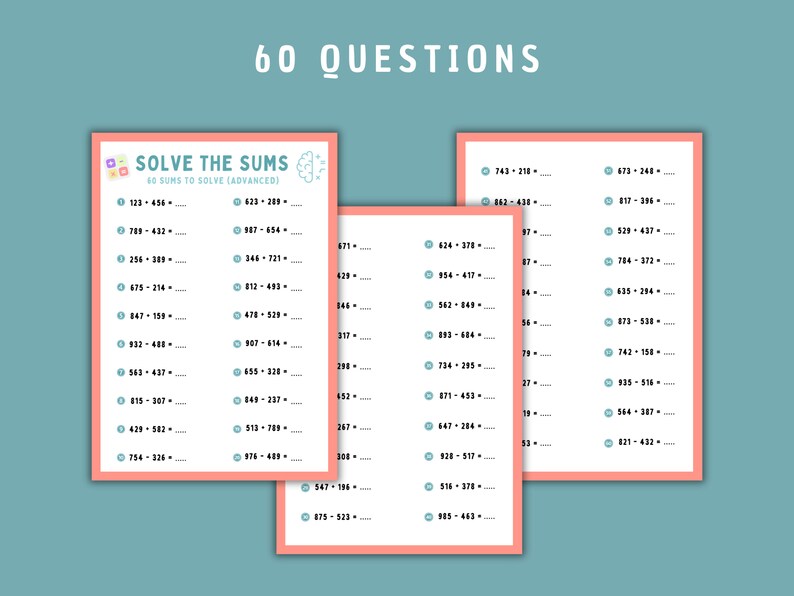 Printable Sum Calculation Game for Kids (advanced) | Solve the Sums ...