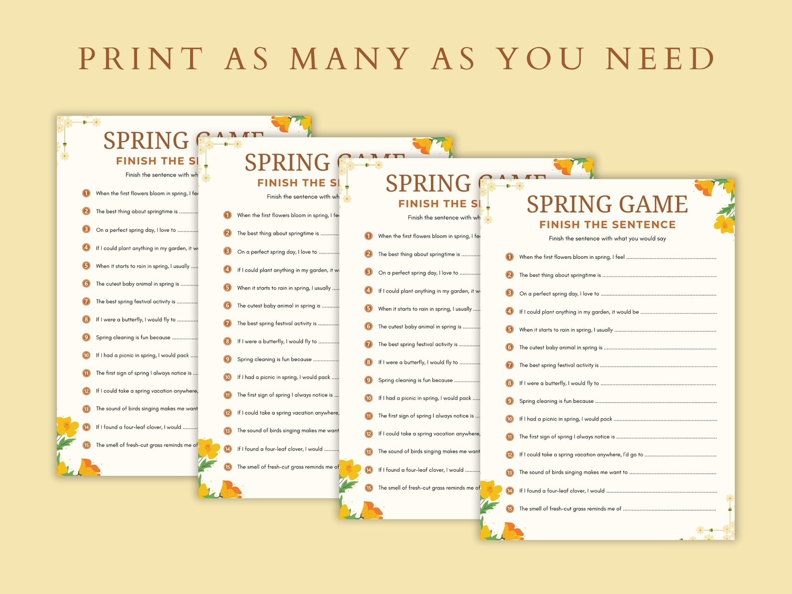 Spring Finish the Sentence Game: Printable Party Activity (PDF) - Etsy
