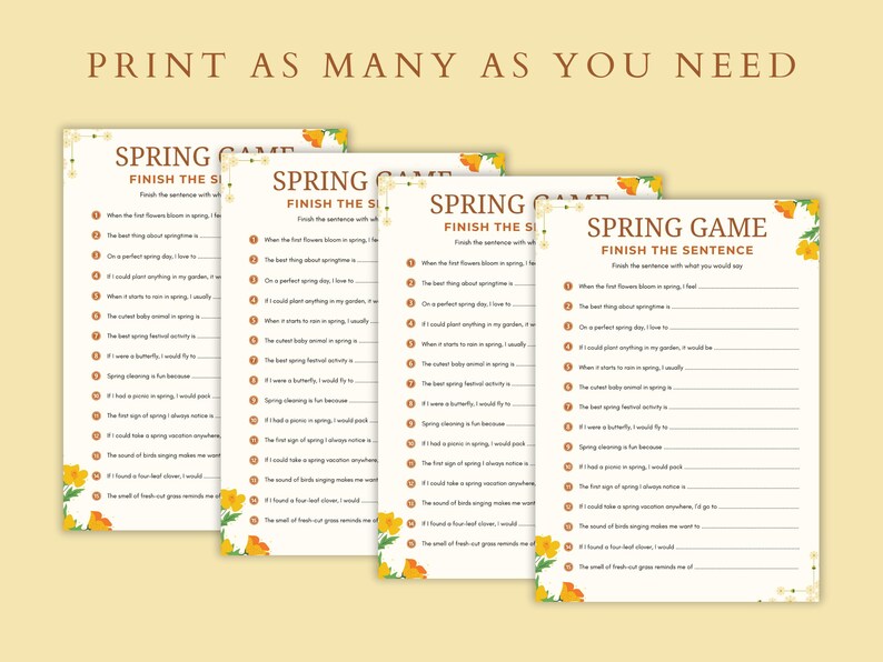 Spring Finish the Sentence Game: Printable Party Activity (PDF) - Etsy