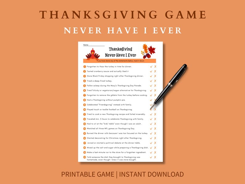 Thanksgiving Game Printable Never Have I Ever Family Trivia Night Fall ...