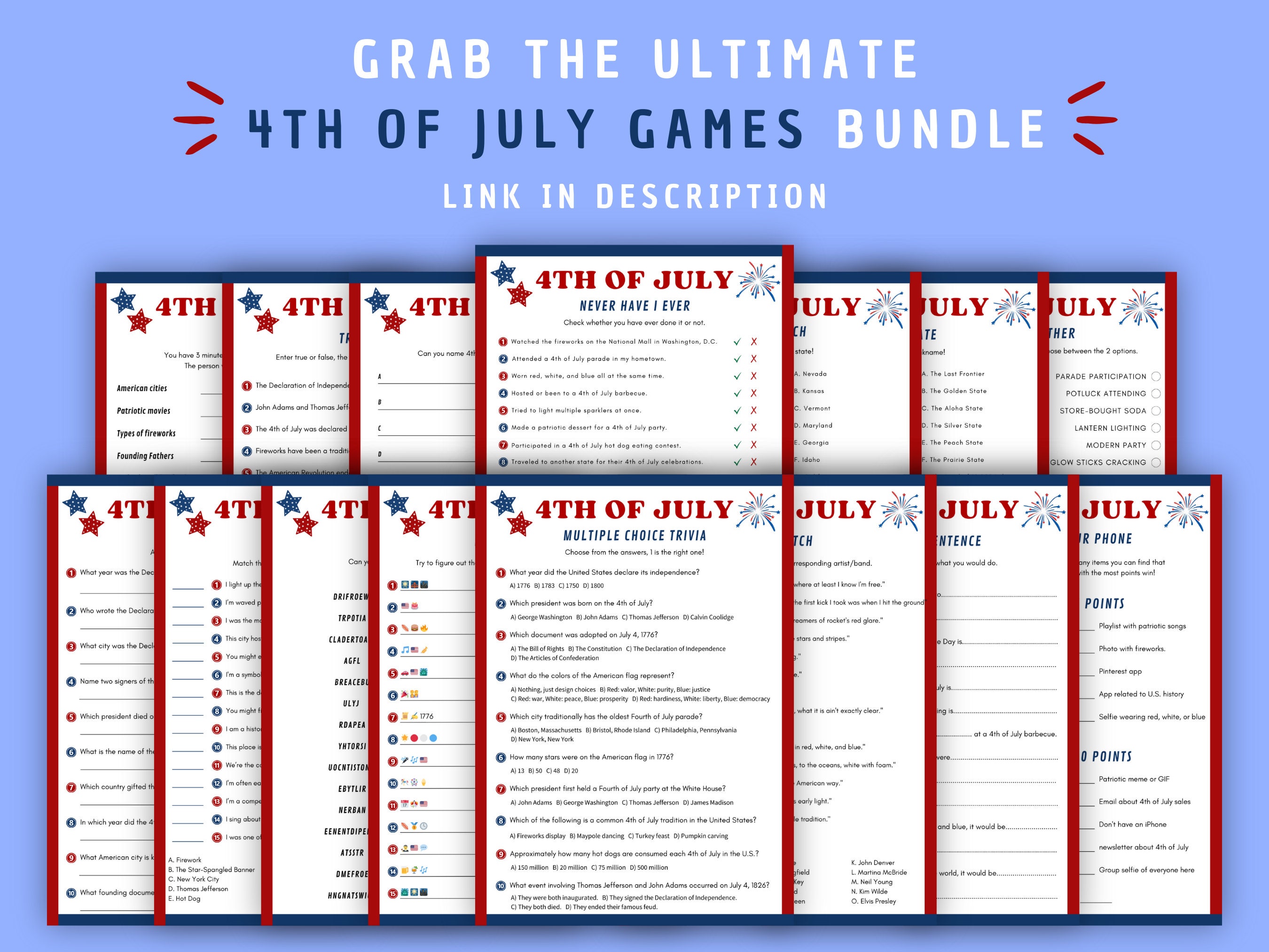 4th of July Think Fast Game Printable Family Game Printable Trivia Game ...