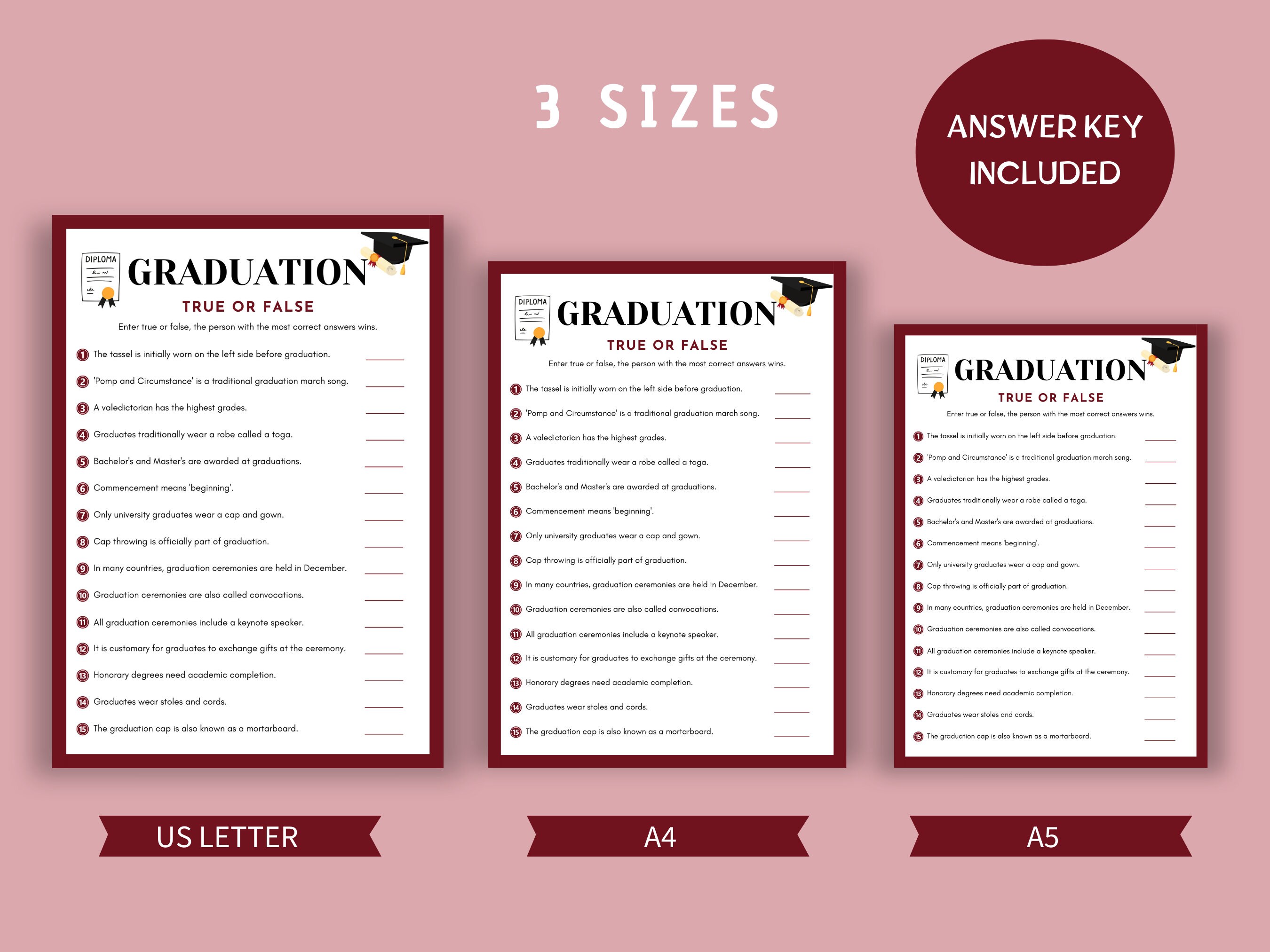 True or False Graduation Game, Instant Download, Printable Trivia ...