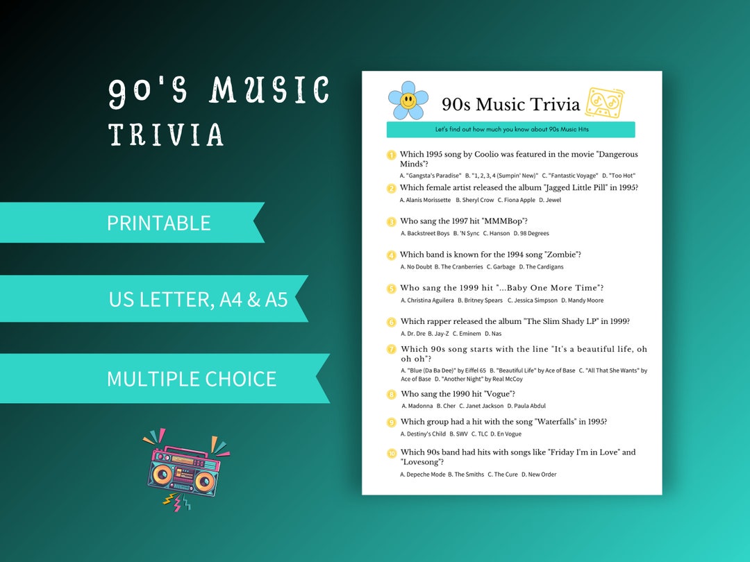 90s Music Trivia Game Digital Download Printable Multiple - Etsy