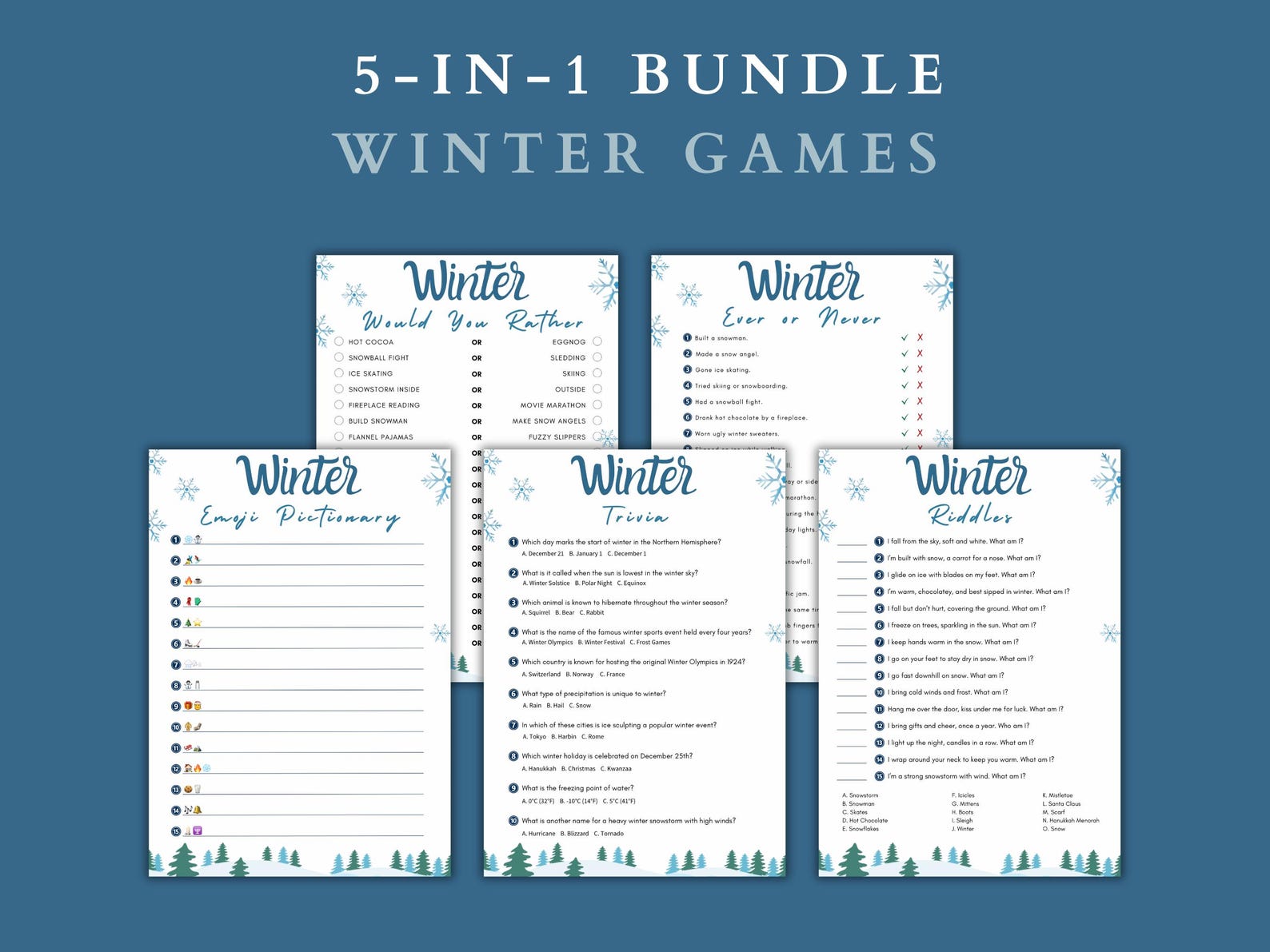 5 Winter Games Bundle, Printable Winter Family Games, Fun Winter Trivia ...