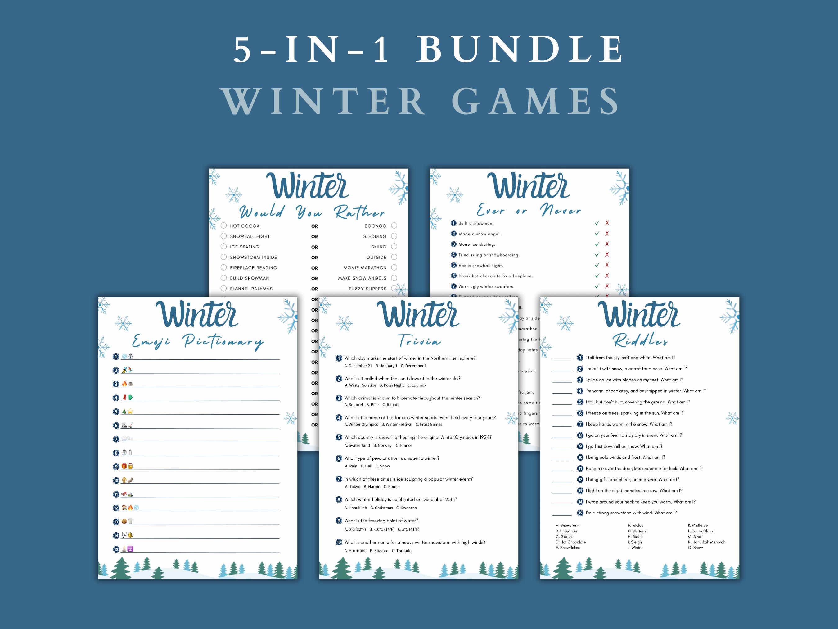 5 Winter Games Bundle, Printable Winter Family Games, Fun Winter Trivia ...