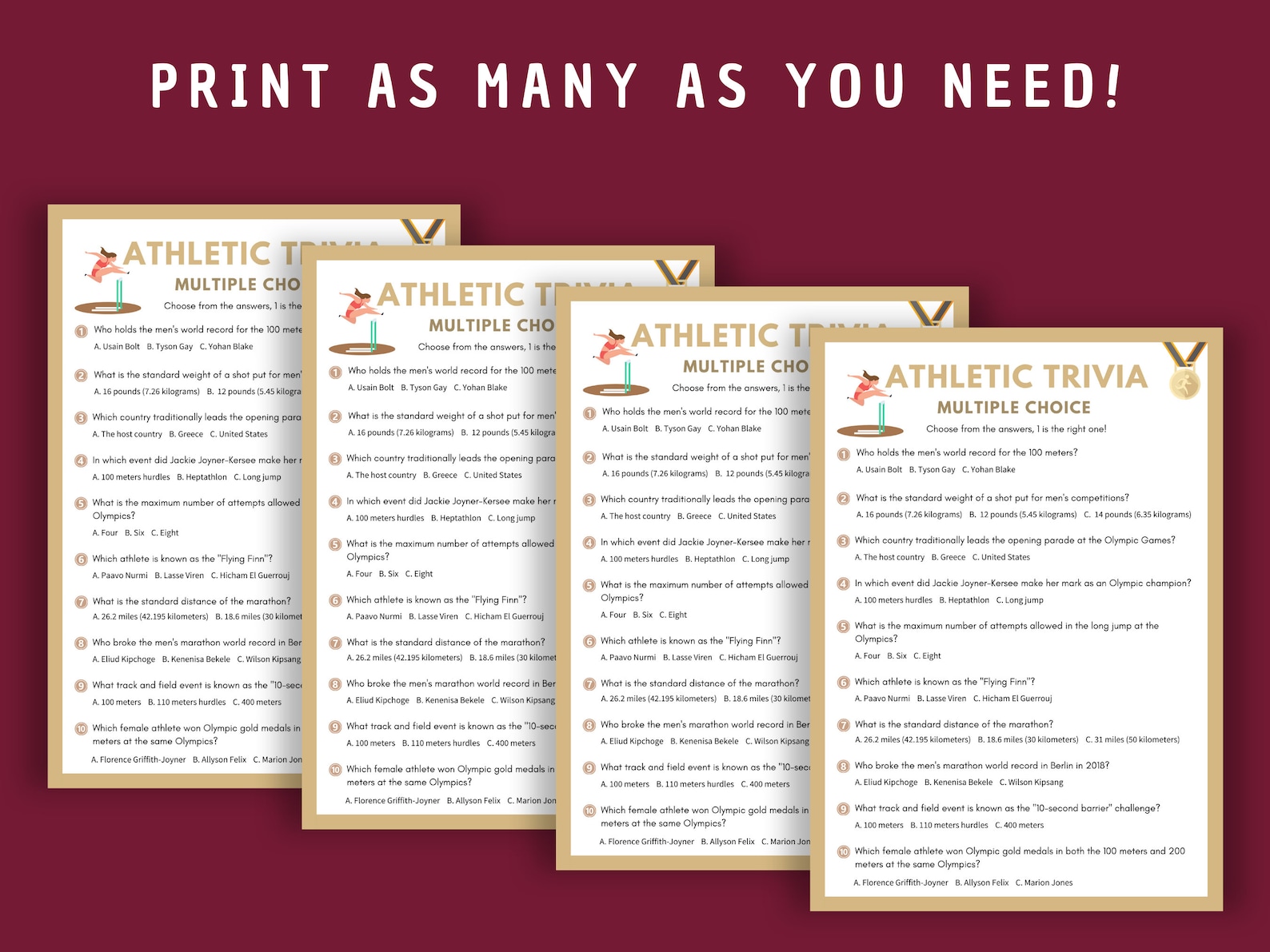 Athletic Trivia of 10 Questions Digital Download Printable Sports Quiz ...