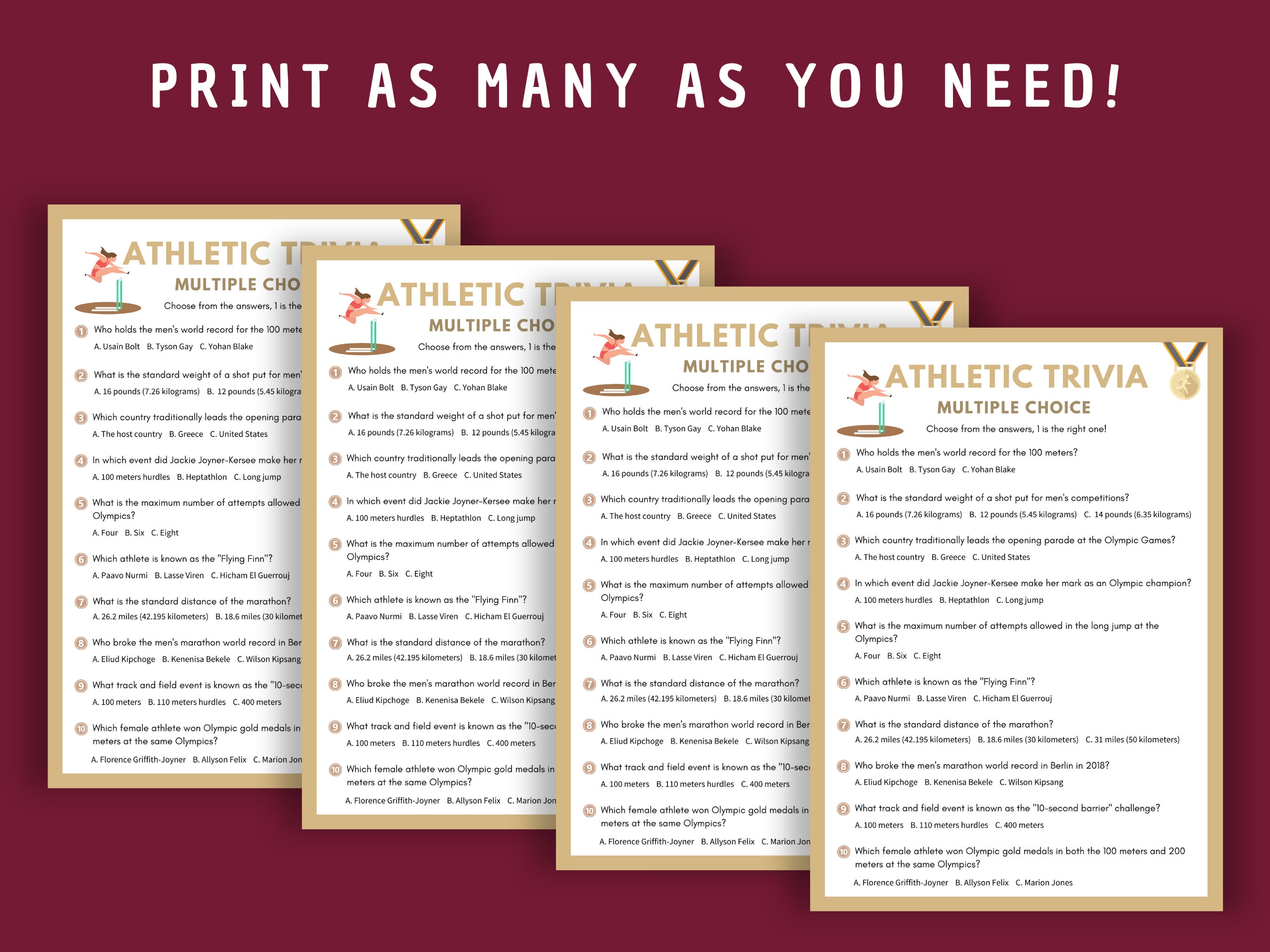 Athletic Trivia of 10 Questions Digital Download Printable Sports Quiz ...