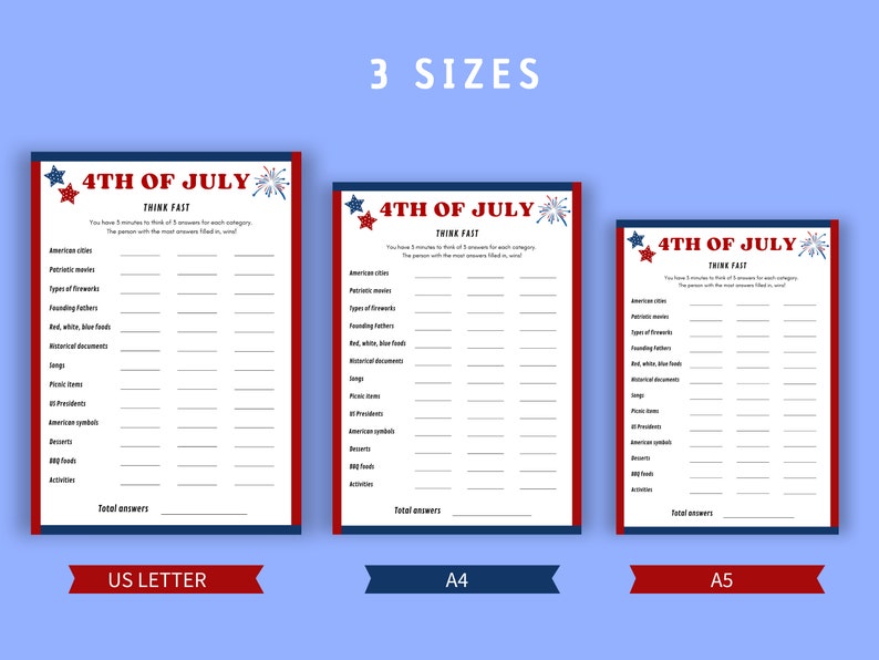 4th of July Think Fast Game Printable, Patriotic Icebreaker for Kids ...