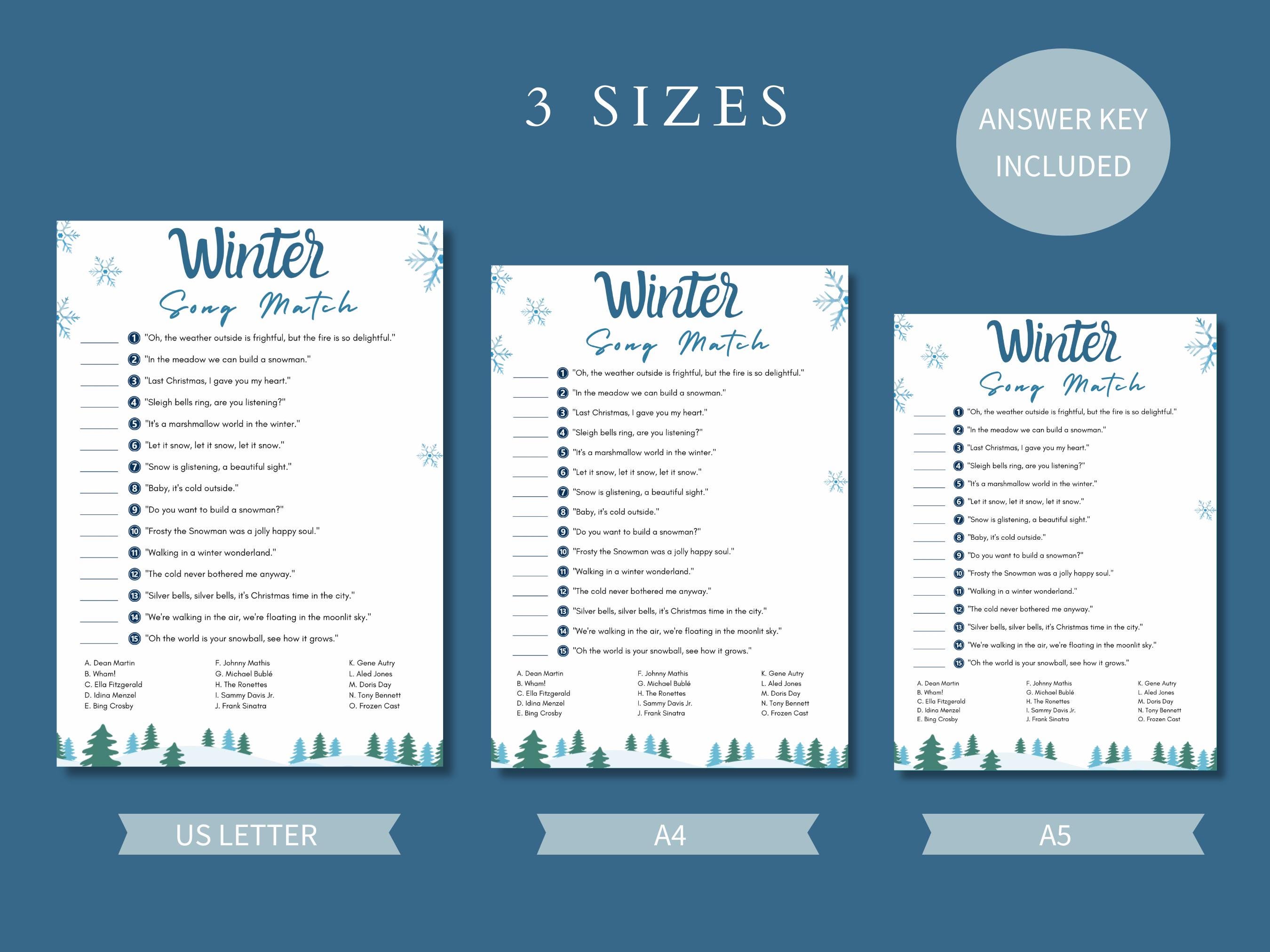 Winter Song Match Game, Printable Winter Trivia Games, Fun Family ...