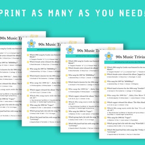 90s Music Trivia Game Digital Download Printable Multiple Choice Quiz ...