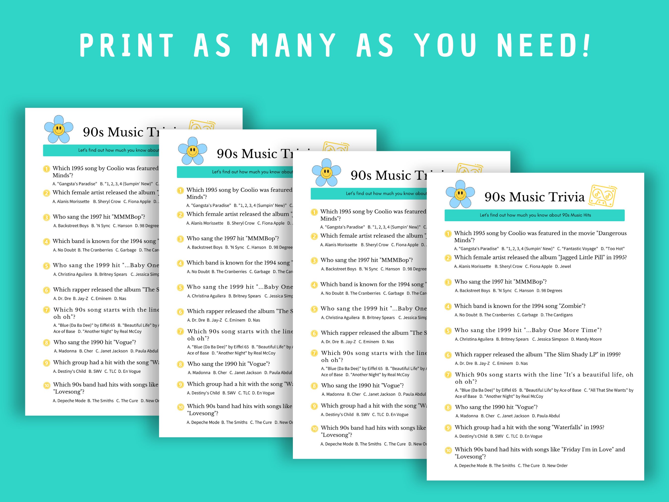 90s Music Trivia Game Digital Download Printable Multiple Choice Quiz ...