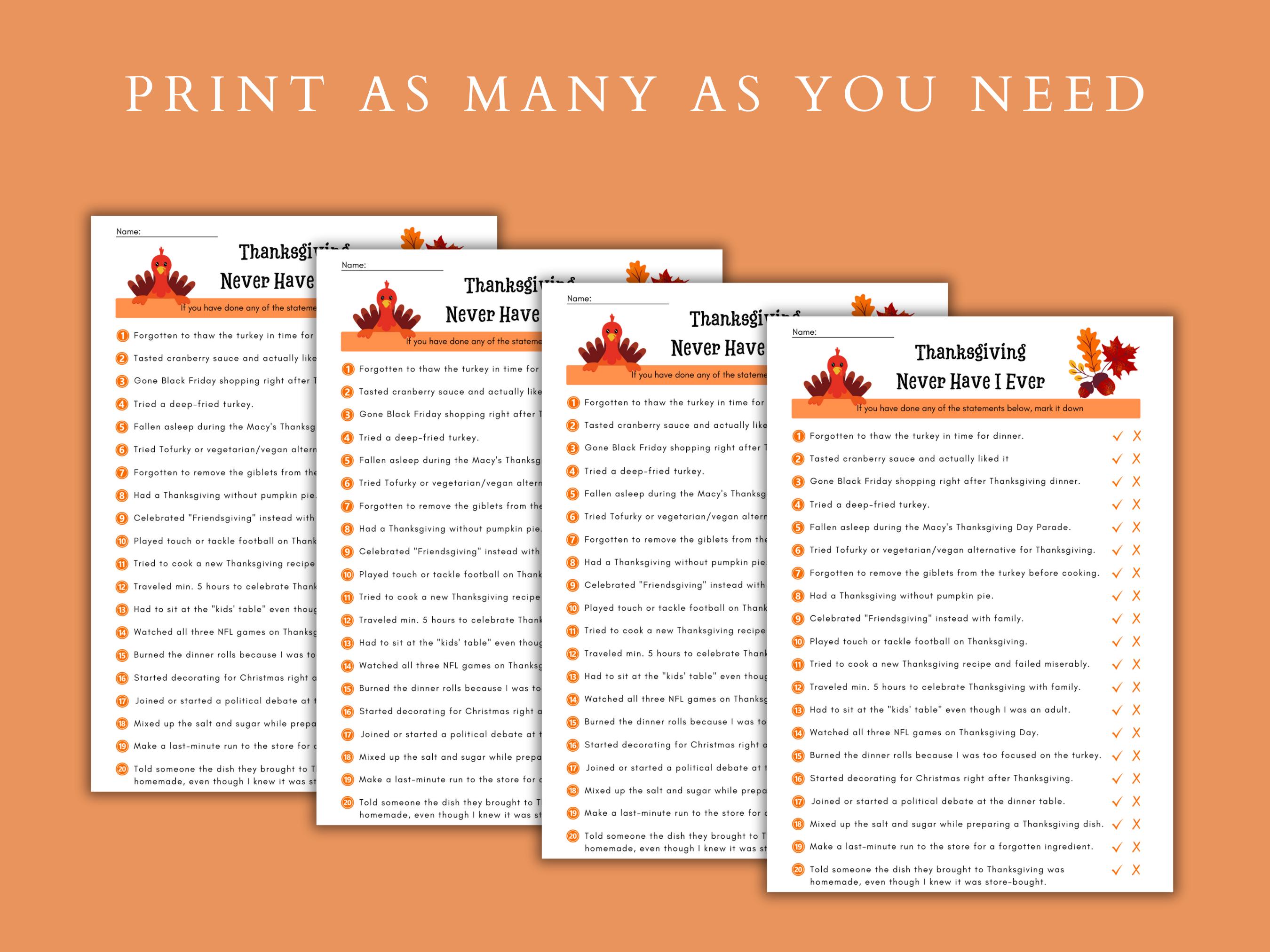 Thanksgiving Game Printable Never Have I Ever Family Trivia Night Fall ...