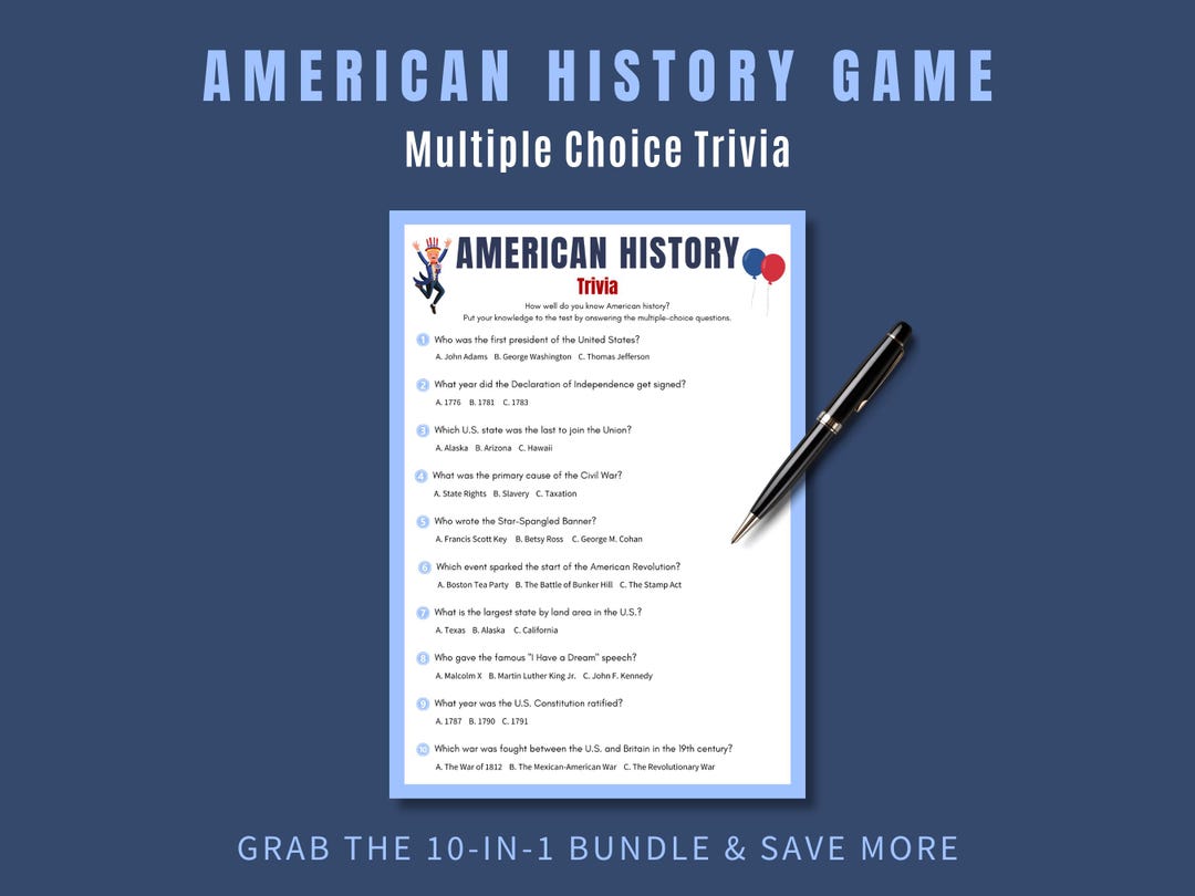 American History Multiple Choice Trivia Game Printable, US Quiz ...