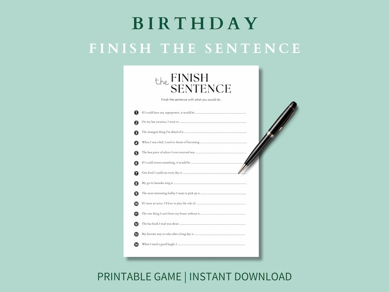 Finish the Sentence Birthday Game | Printable Party Game | Family Game ...