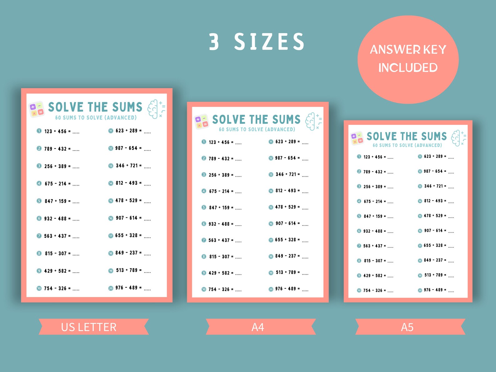 Printable Sum Calculation Game for Kids (advanced) | Solve the Sums ...