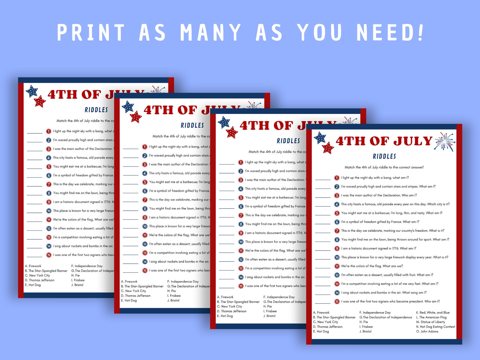 4th of July Riddles Game Printable, Patriotic Party Game for Kids and ...